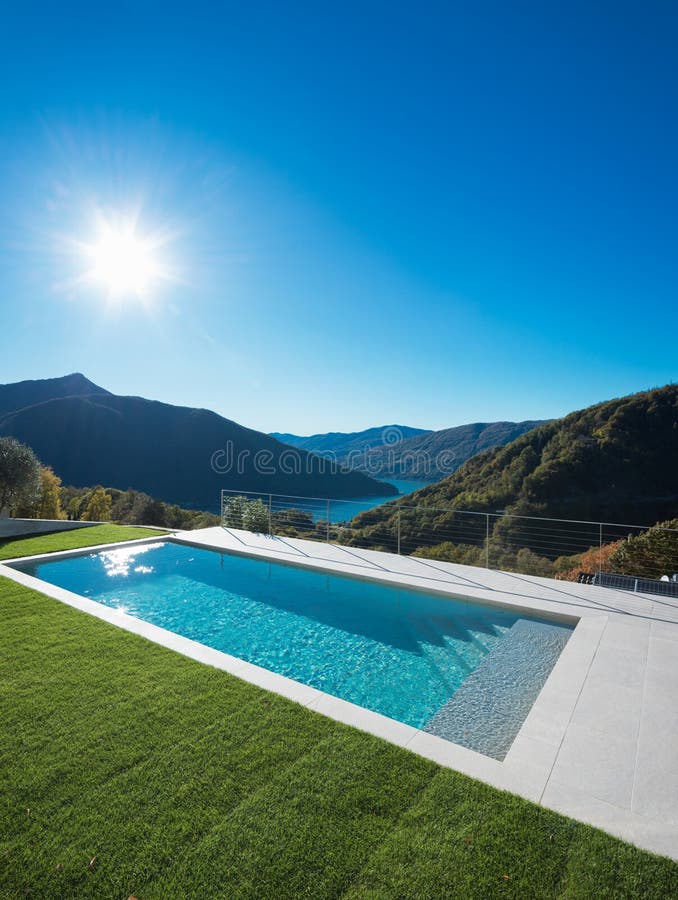 Modern Swimming Pool with Lake and Valley View Stock Photo - Image of ...