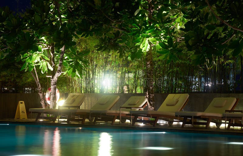 Swimming Pool with Light in Night Scene Stock Image - Image of water ...