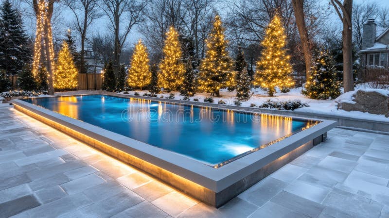 A Swimming Pool Lit Up with Christmas Lights in a Backyard, AI Stock ...