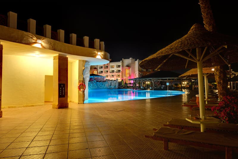 The Swimming Pool at Luxury Hotel in Night Illumination Stock Image ...