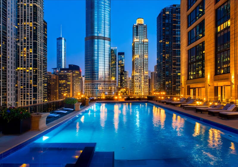 A Swimming Pool in the Middle of a City at Night Stock Photo - Image of ...