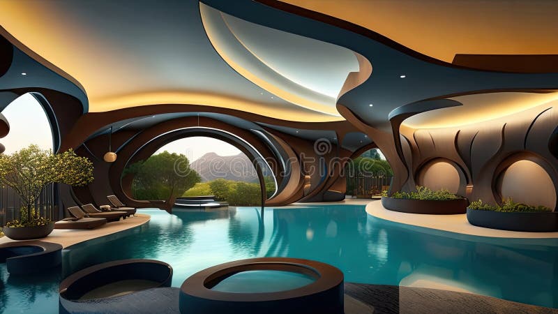 Swimming Pool in Modern Luxury Villa. 3D Rendering Stock Illustration ...