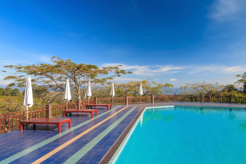 The Pool with Mountain Range and Clear Blue Sky Background with Above ...