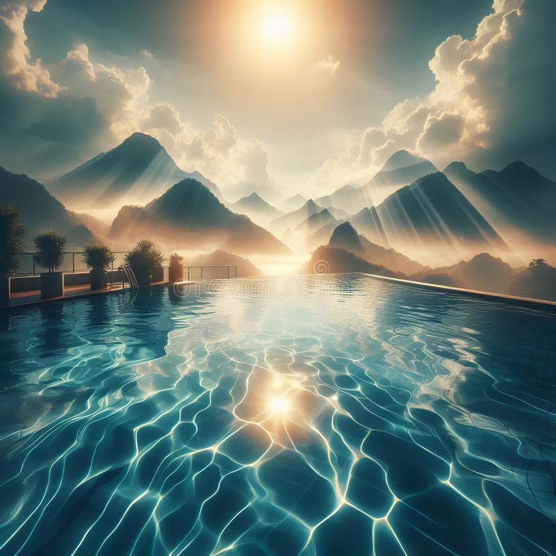 Swimming Pool in the Mountains at Sunset. 3D Rendering Stock ...