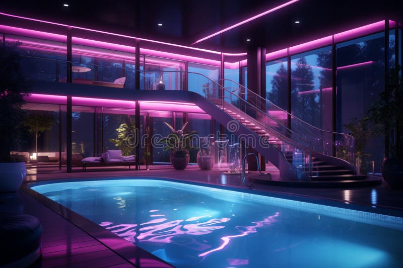 Swimming Pool with Neon Lights at Night. 3D Rendering Stock ...