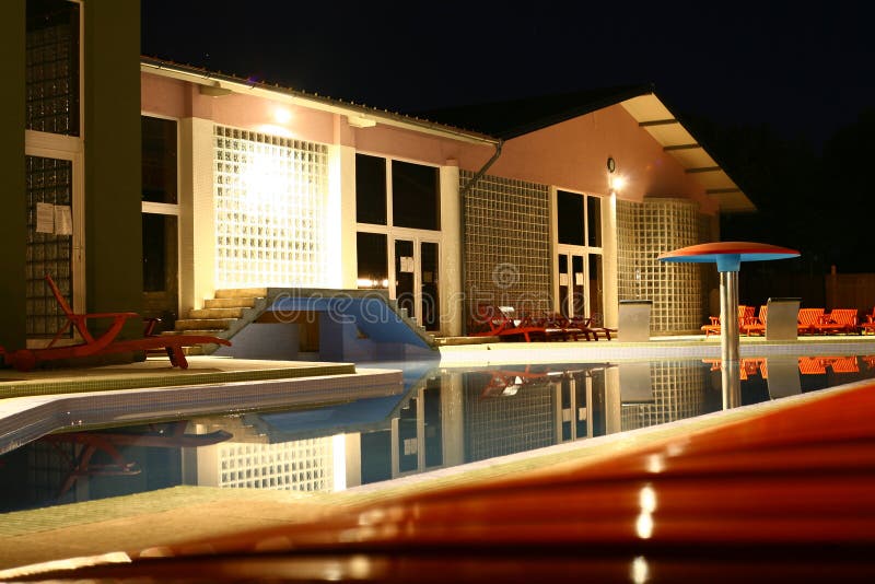 Lit Pool at Night with Palm Tree Stock Photo - Image of night, smooth ...