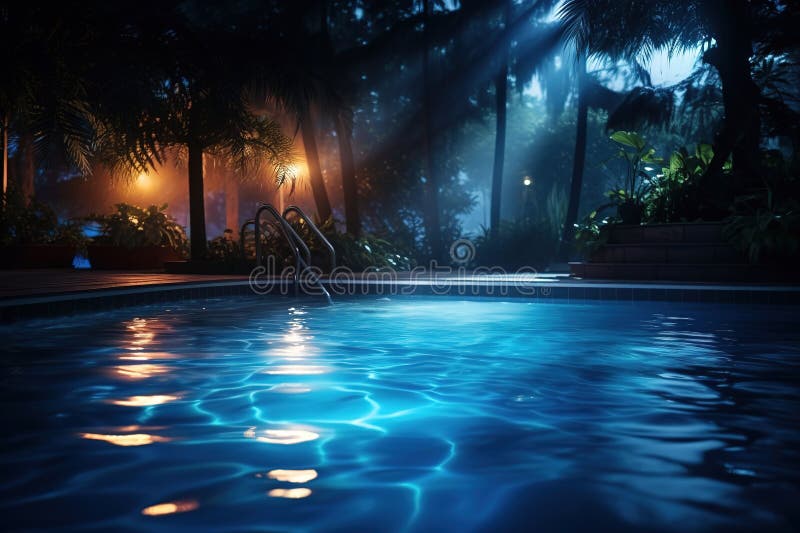 Swimming Pool at Night with Blue Lights Stock Illustration ...