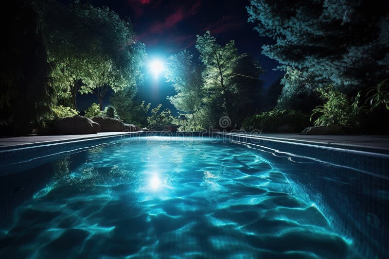 Swimming Pool at Night with Blue Lights Stock Illustration ...