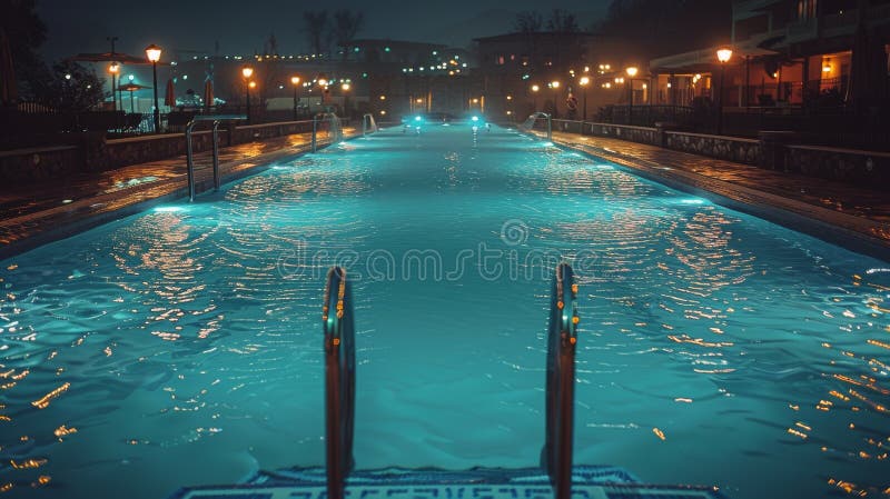 Swimming Pool at Night with Lights on Stock Image - Image of water ...