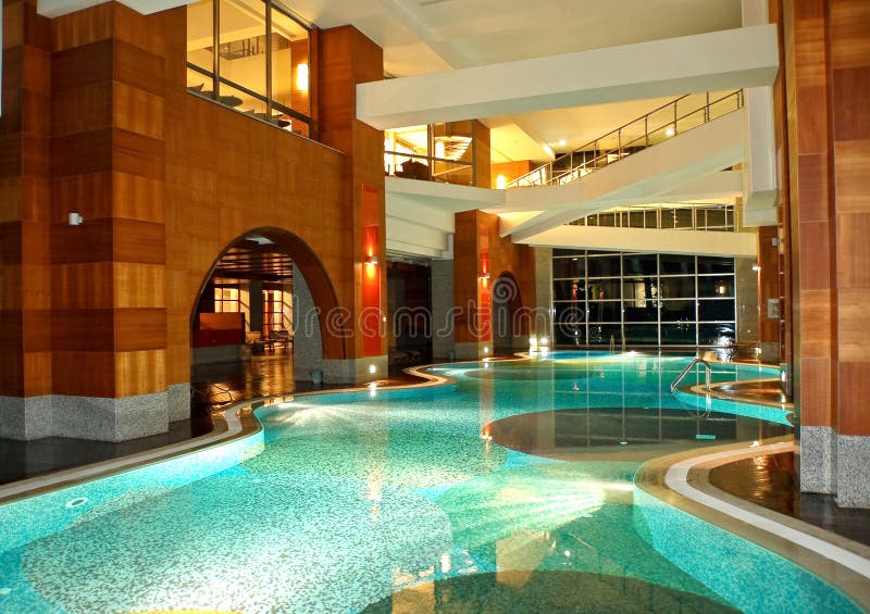 Swimming Pool at Night in Modern Hotel Stock Photo - Image of travel ...