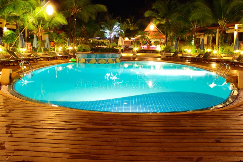 Swimming Pool on the Nighttime Stock Photo - Image of spotlight ...