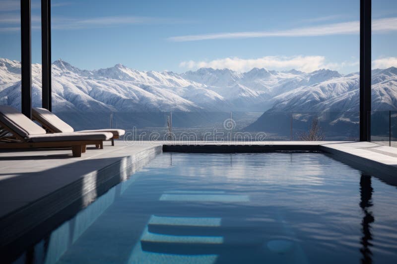 Swimming Pool Overlooking Snow-capped Mountains Stock Image - Image of ...