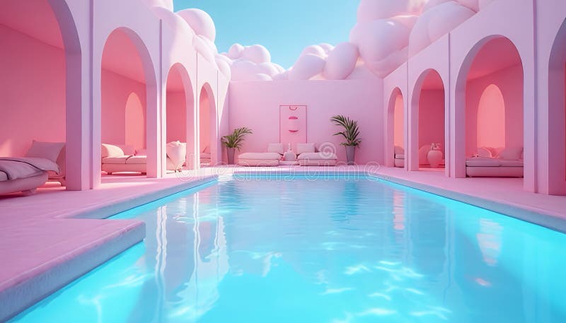 Swimming Pool in Pink Paradise Architecture with Blue Water Reflection ...