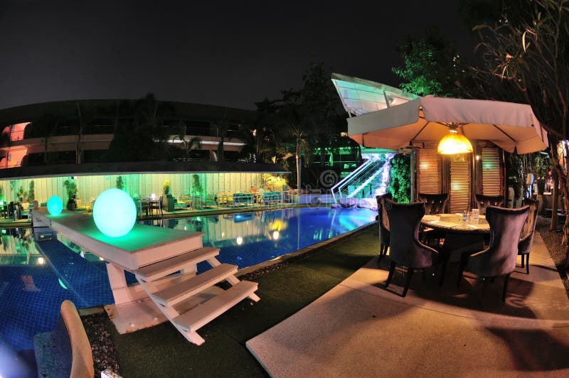 Pool at a Restaurant on the Sea Background Stock Image - Image of ...