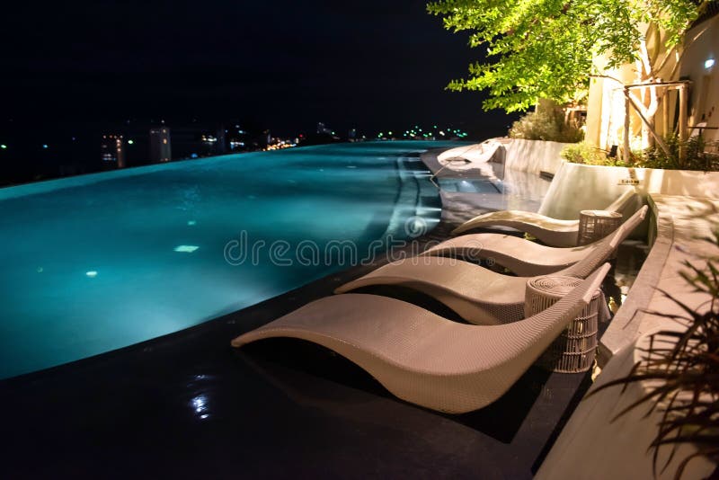 Swimming Pool on Rooftop with Beautiful Cityscape at Night Stock Image ...