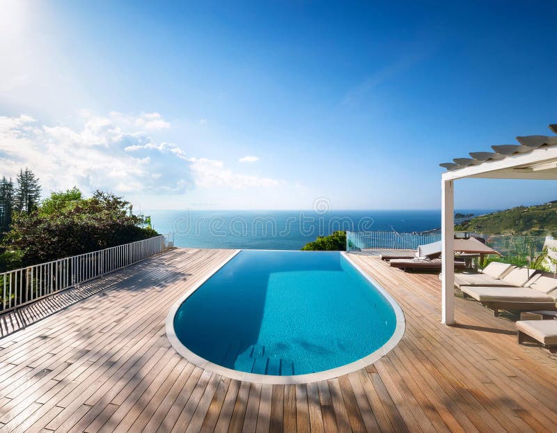 Swimming Pool with Sea View and Wooden Deck Stock Image - Image of ...