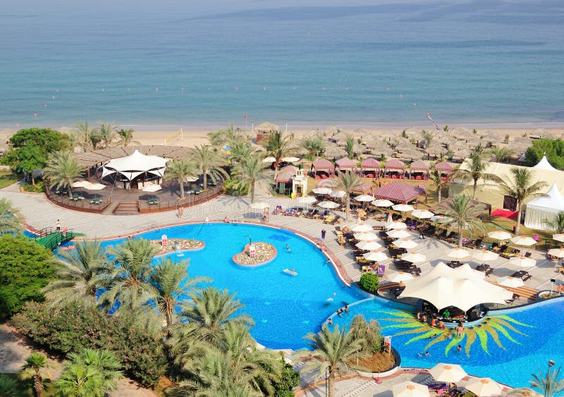 Swimming Pool with Snack Bar and Beach Stock Image - Image of ...