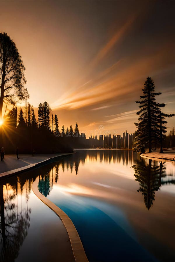 Swimming Pool at Sunset with Reflection of Trees in the Water Stock ...