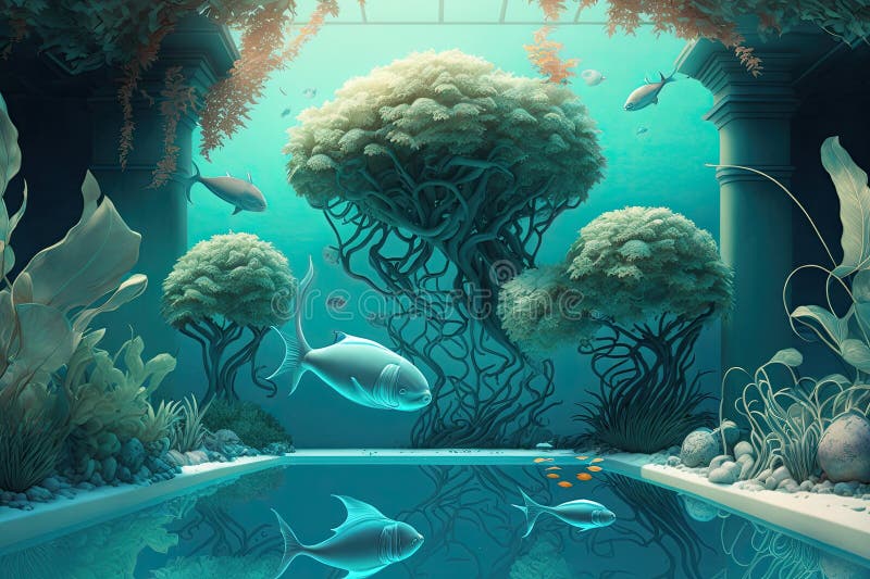 Swimming Pool with Surreal Underwater World of Floating Objects and ...