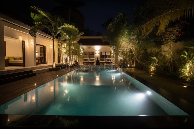 Swimming Pool Surrounded by Creative Lighting, Creating Cool and ...