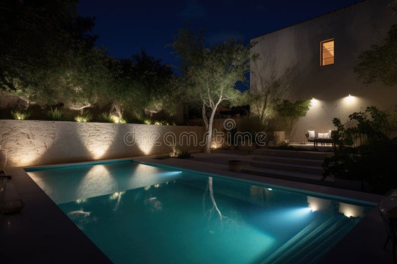 Swimming Pool Surrounded by Creative Lighting, Creating Cool and ...