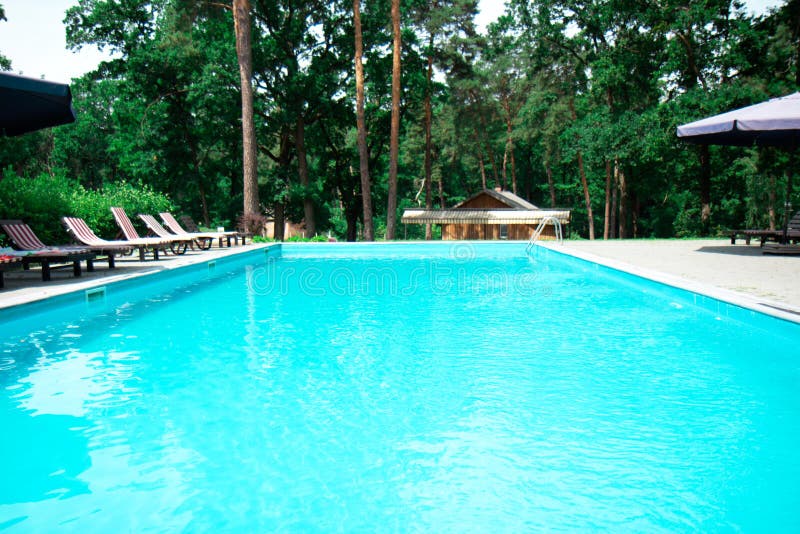 Swimming Pool. Pool Surrounded by Green Trees Stock Image - Image of ...