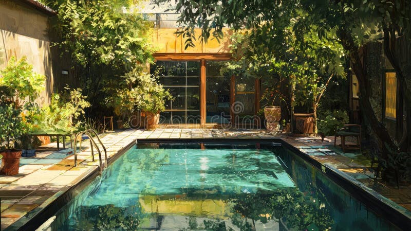 A Swimming Pool Surrounded by Lush Greenery in a Courtyard Stock ...