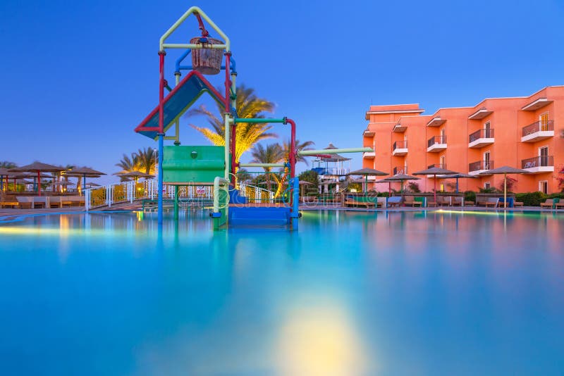 Swimming Pool of Tropical Resort in Hurghada at Night Stock Photo ...