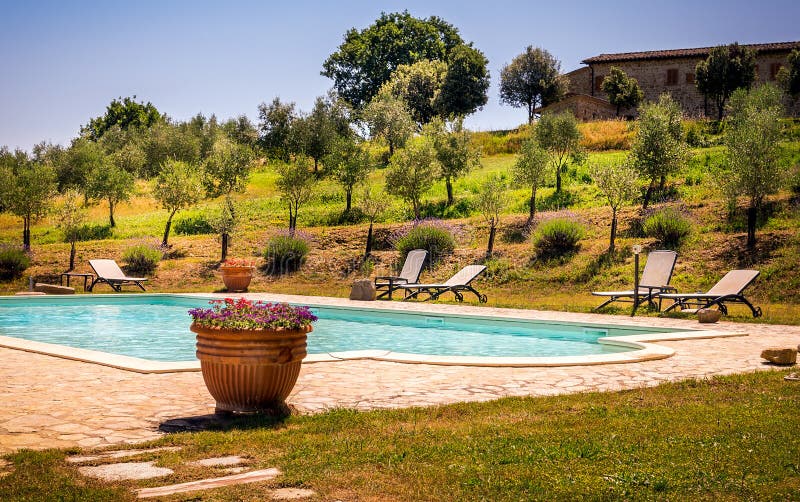 Swimming Pool and Tuscan Nature Stock Image - Image of olive, farmhouse ...