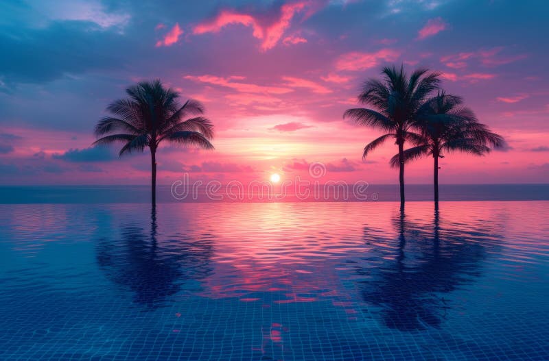 The Swimming Pool Under Palm Trees at Sunset Stock Illustration ...