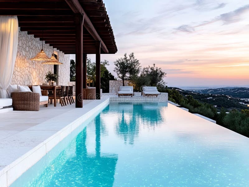 A Swimming Pool with a View of the Ocean at Sunset Stock Photo - Image ...