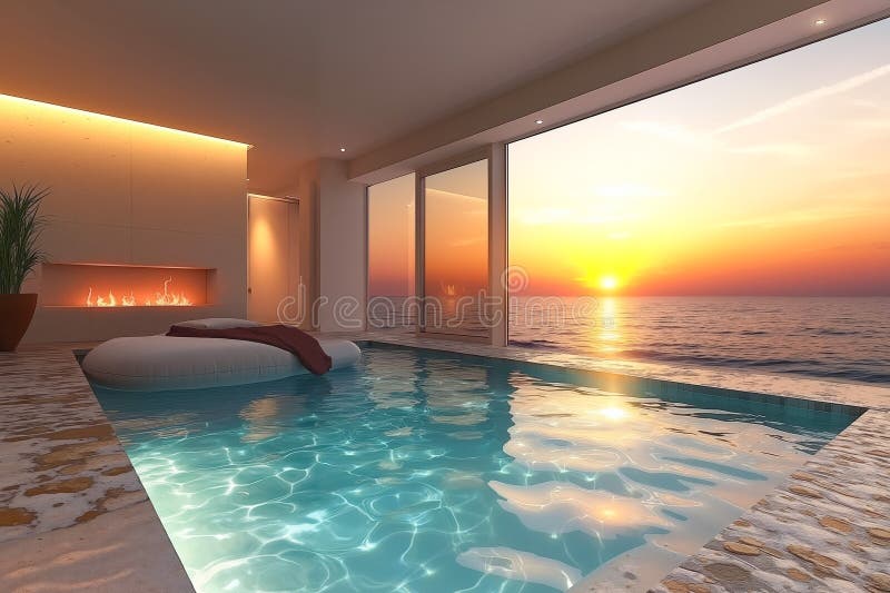 A Swimming Pool with a View of the Ocean at Sunset Stock Photo - Image ...