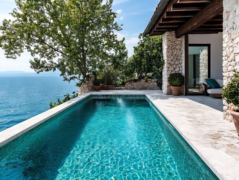A Swimming Pool with a View of the Ocean and Trees Stock Image - Image ...