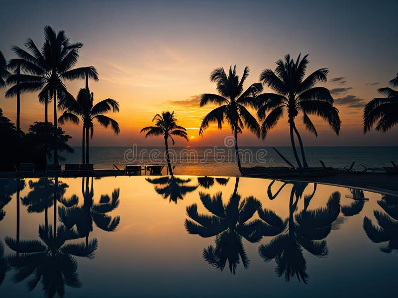 Swimming Pool with View of Sun Setting Over. Ai Generative Stock ...