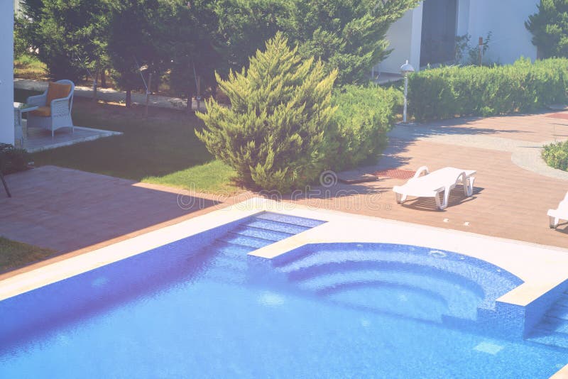 Swimming Pool at Villa High Angle View Stock Photo - Image of sunbed ...