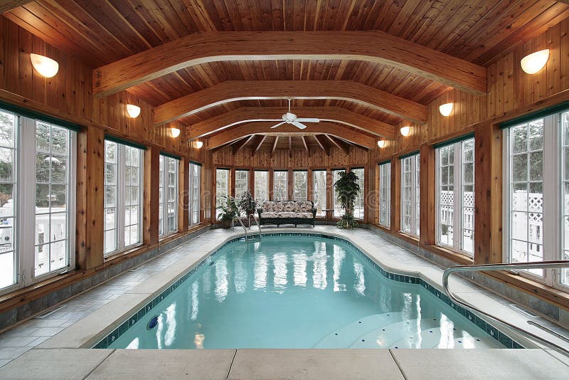 Swimming Pool with Wood Ceiling Beams Stock Image - Image of ...