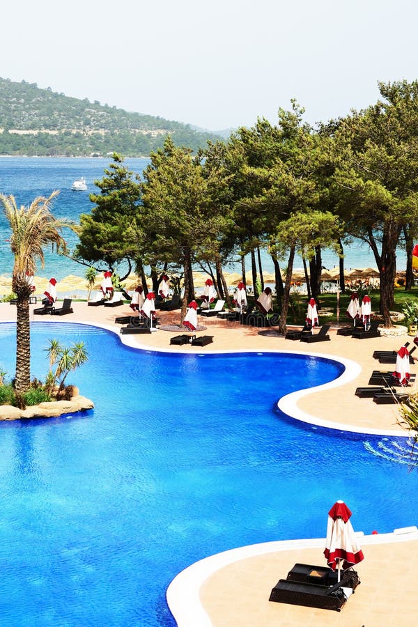 Swimming Pools and Beach at Luxury Hotel Stock Image - Image of turkey ...