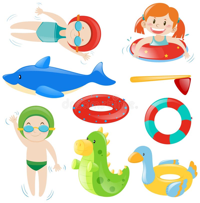 Swimming Set with Swimmers and Equipment Stock Vector - Illustration of ...
