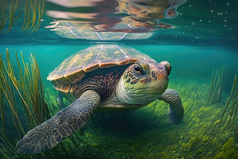Swimming Turtle, with Its Head and Limbs Submerged in the Water Stock ...