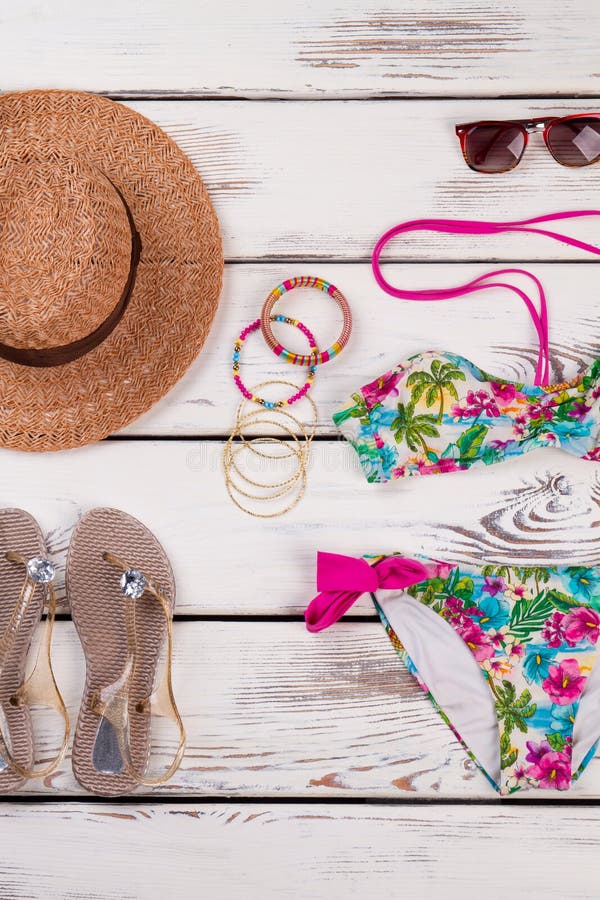 Swimsuit and beach items. stock image. Image of handmade - 97907465