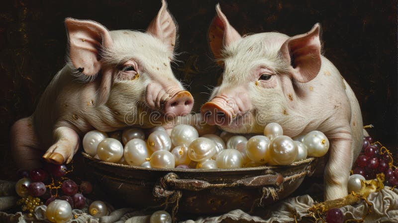 Swine Playfully Surrounded by Pearls in Dark Rustic Setting Stock Image ...