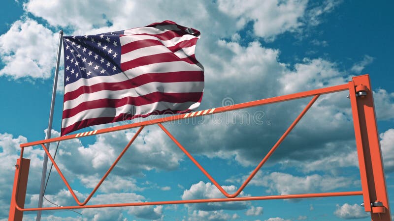 Swing Arm Road Barrier and Flag of the USA, Entry Ban Related 3d ...