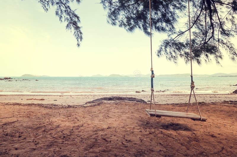 The Swing on the Beach Under the Tree with Mountain Back. Stock Photo ...