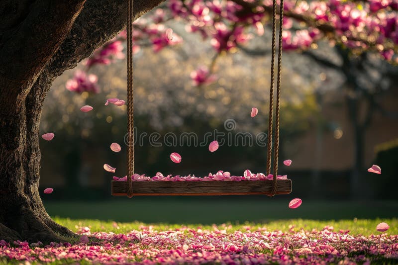 Swing Beneath a Blooming Tree with Falling Petals during Springtime ...