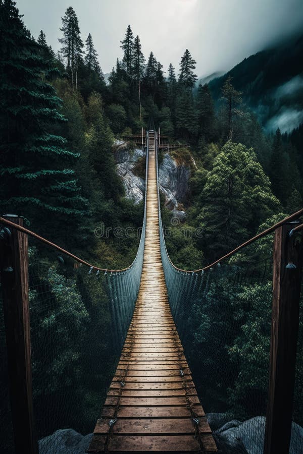 The Swing Bridge Goes Over a Steep Hill in a Forested Area of Trees and ...