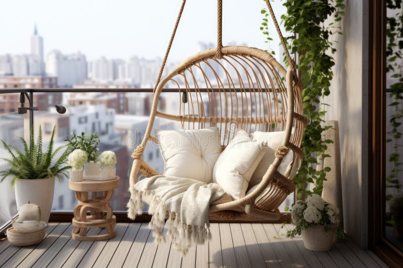 A swing chair on a balcony stock image. Image of pillow - 306053783
