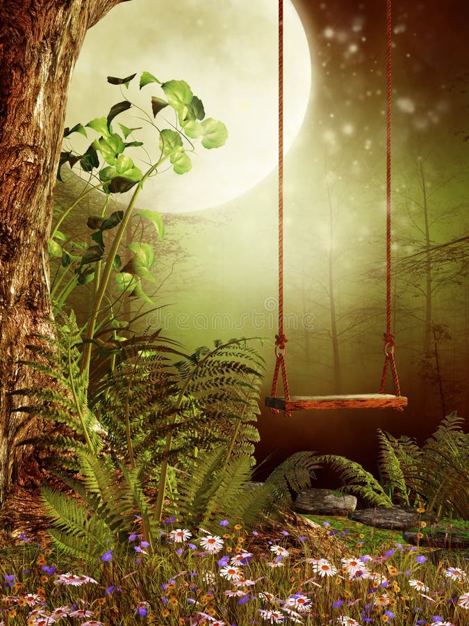 Enchanted Forest with Mushrooms Stock Illustration - Illustration of ...