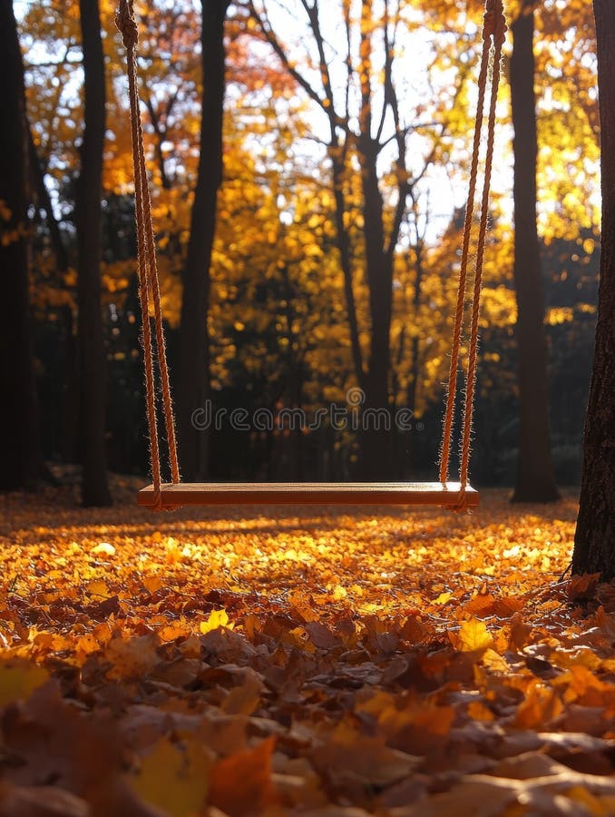 Swing in a Forest Surrounded by Autumn Leaves. Stock Photo - Image of ...