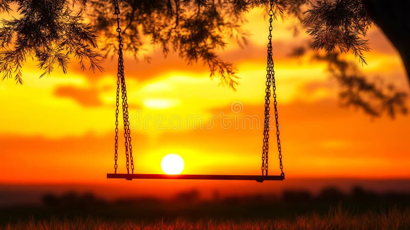A Swing Hanging from a Tree in a Field at Sunset Stock Photo - Image of ...