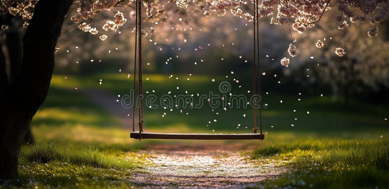 Swing Hanging from Trees in a Serene Cherry Blossom Park during ...